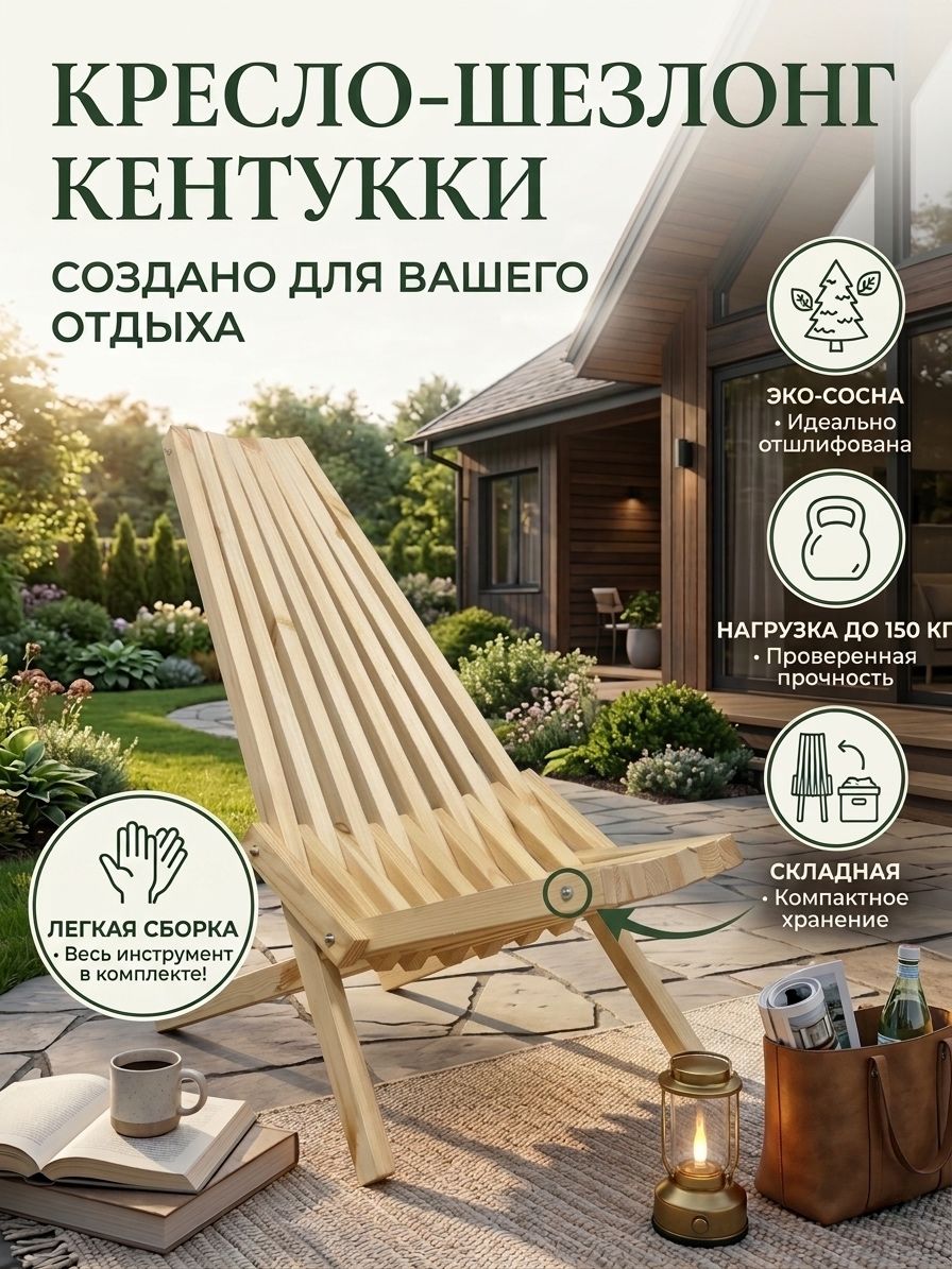 Садовое кресло Кентукки складное, шезлонг из дерева для дачи, набор мебели для отдыха, сосна.