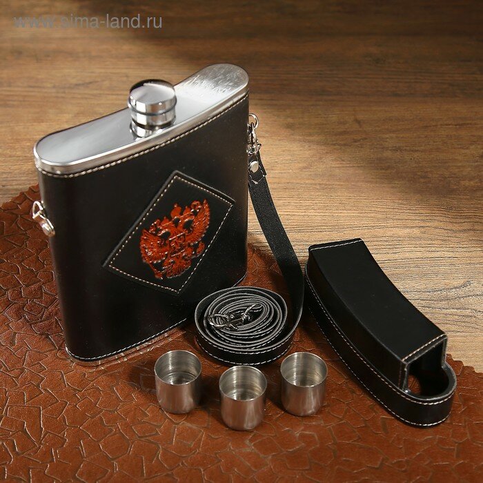 Фляжка, 540 мл "Герб России", 3 стопки, на ремне, 13 х 3,5 х 18,5 см, черная , металл