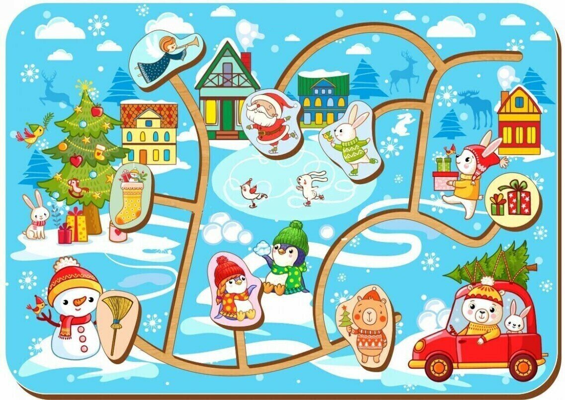 Развивающая игра-головоломка Лабиринт для малышей "Новый год", найди пару, деревянный планшет с подвижными деталями