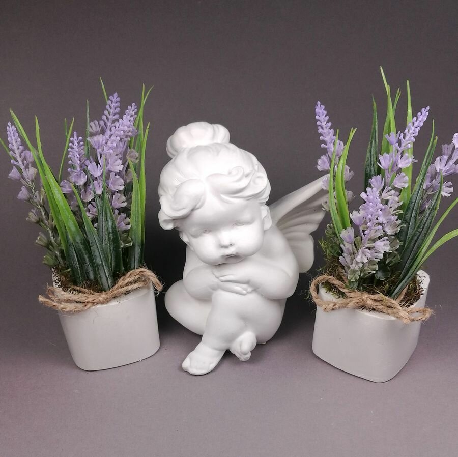 Композиция "Лаванда" комплект из 2-х горшочков (квадрат) + Статуэтка фигурка девочка Ангел 12см, ручная авторская работа