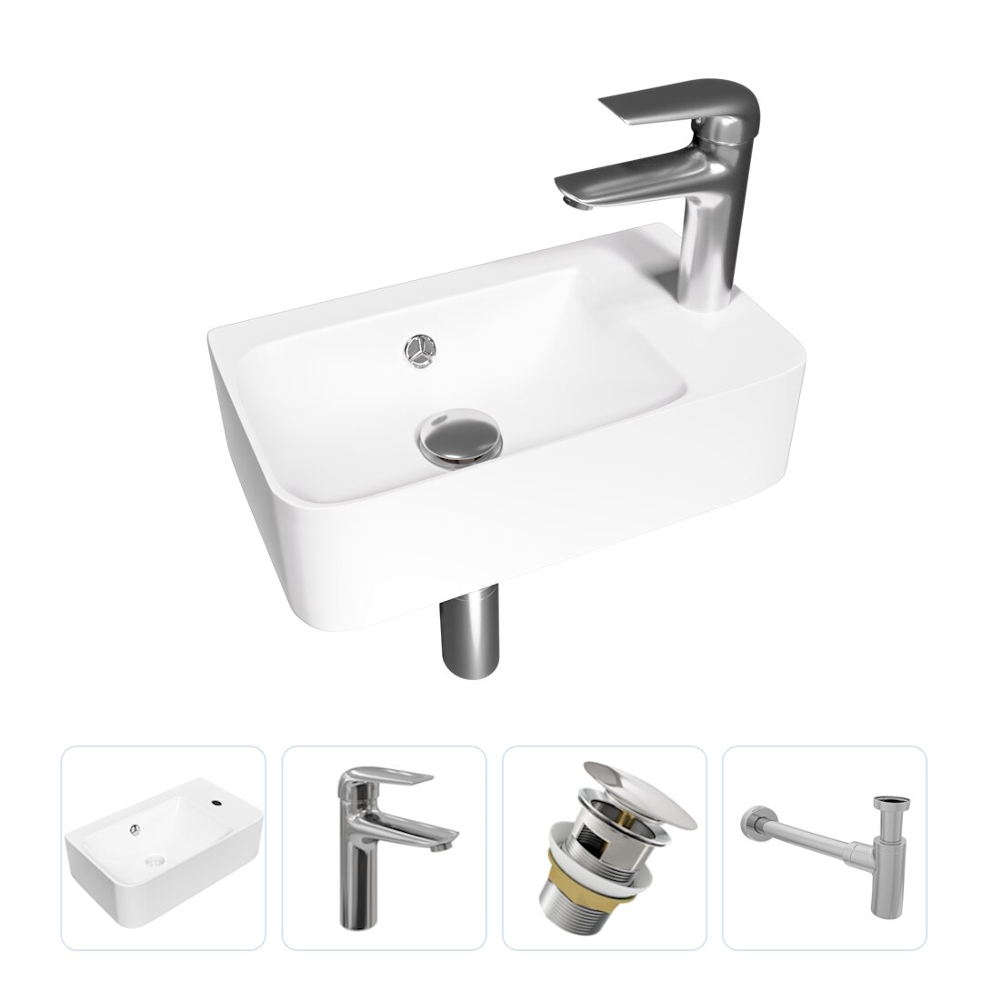 Раковина подвесная для ванной Teymi Hanna 45 правая в комплекте смеситель хром донный клапан клик-клак с переливом хром и сифон хром F13105