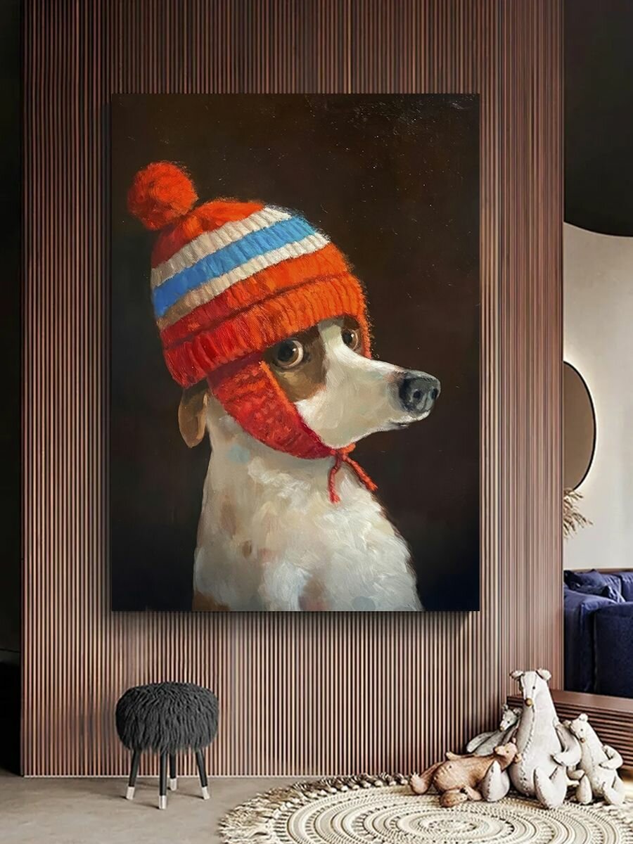 Картина, милые песики - забавная собачка в шапке, 20х30 см.