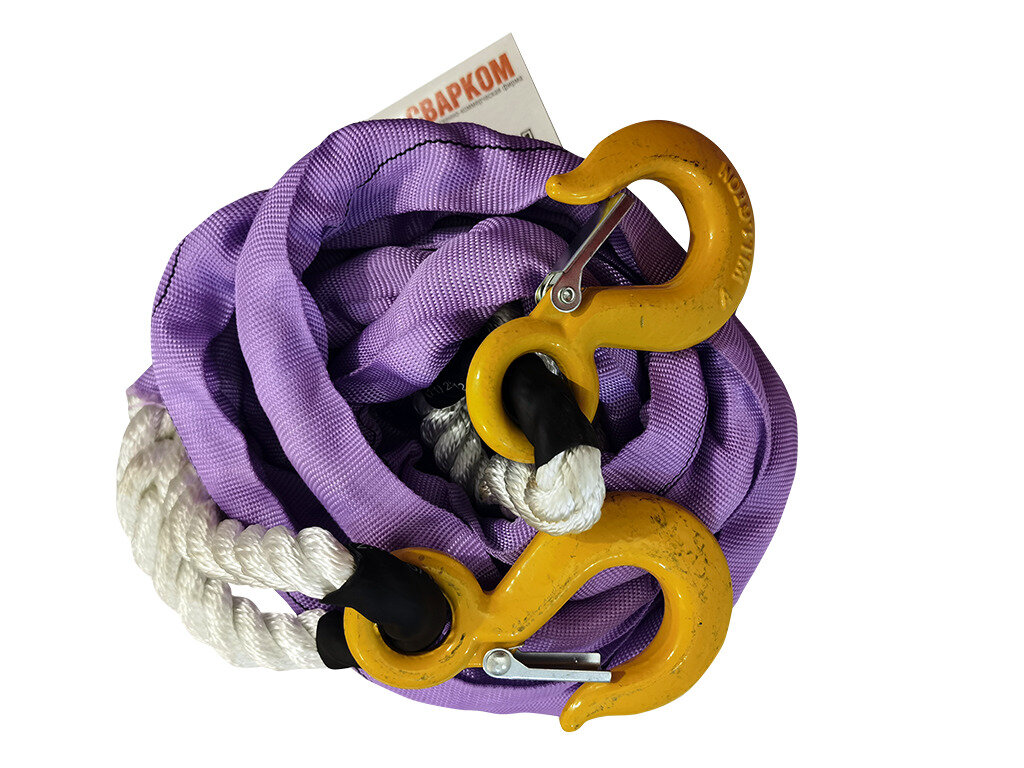Трос буксировочный полиамидный динамический д. каната 16мм 6 метров с чехлом с крюками(масса автомобиля-6,5тн)