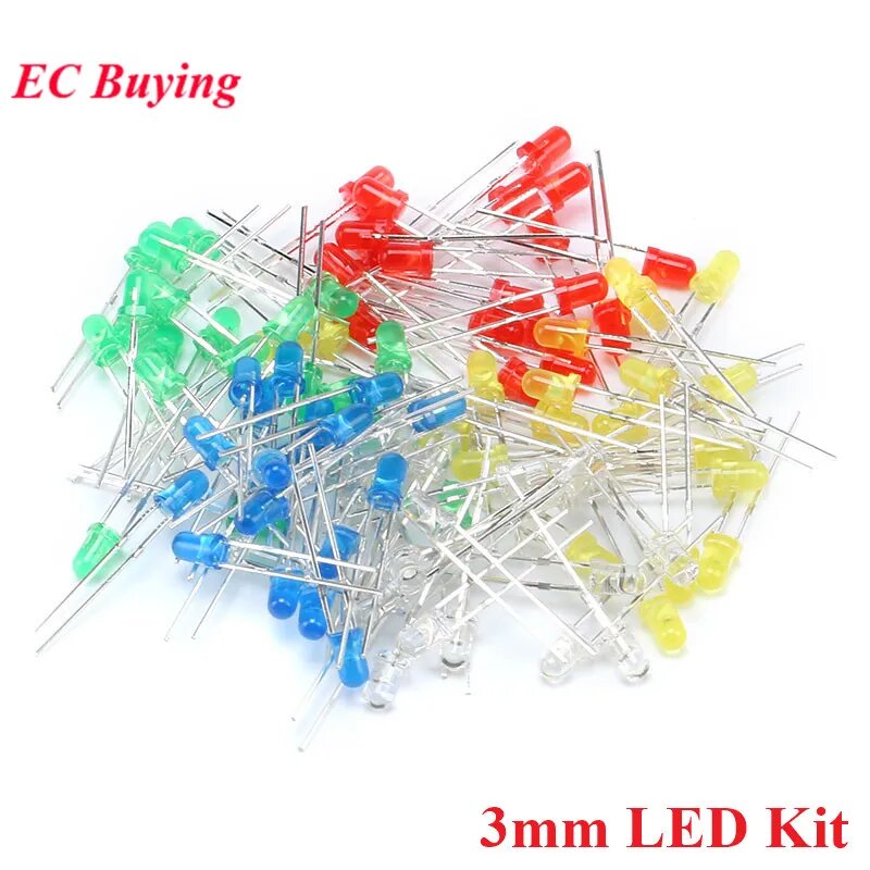 100 шт./лот 3 мм светодиодные светодиоды белый желтый красный зеленый синий Ассорти комплект DIY комплект 5 цветов * 20 шт.