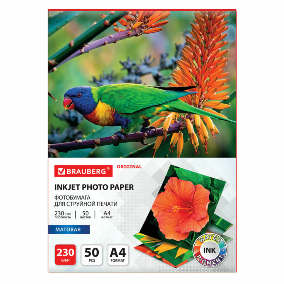 Фотобумага матовая, А4, 230 г/м2, односторонняя, 50 листов, BRAUBERG ORIGINAL, 363991, 363991