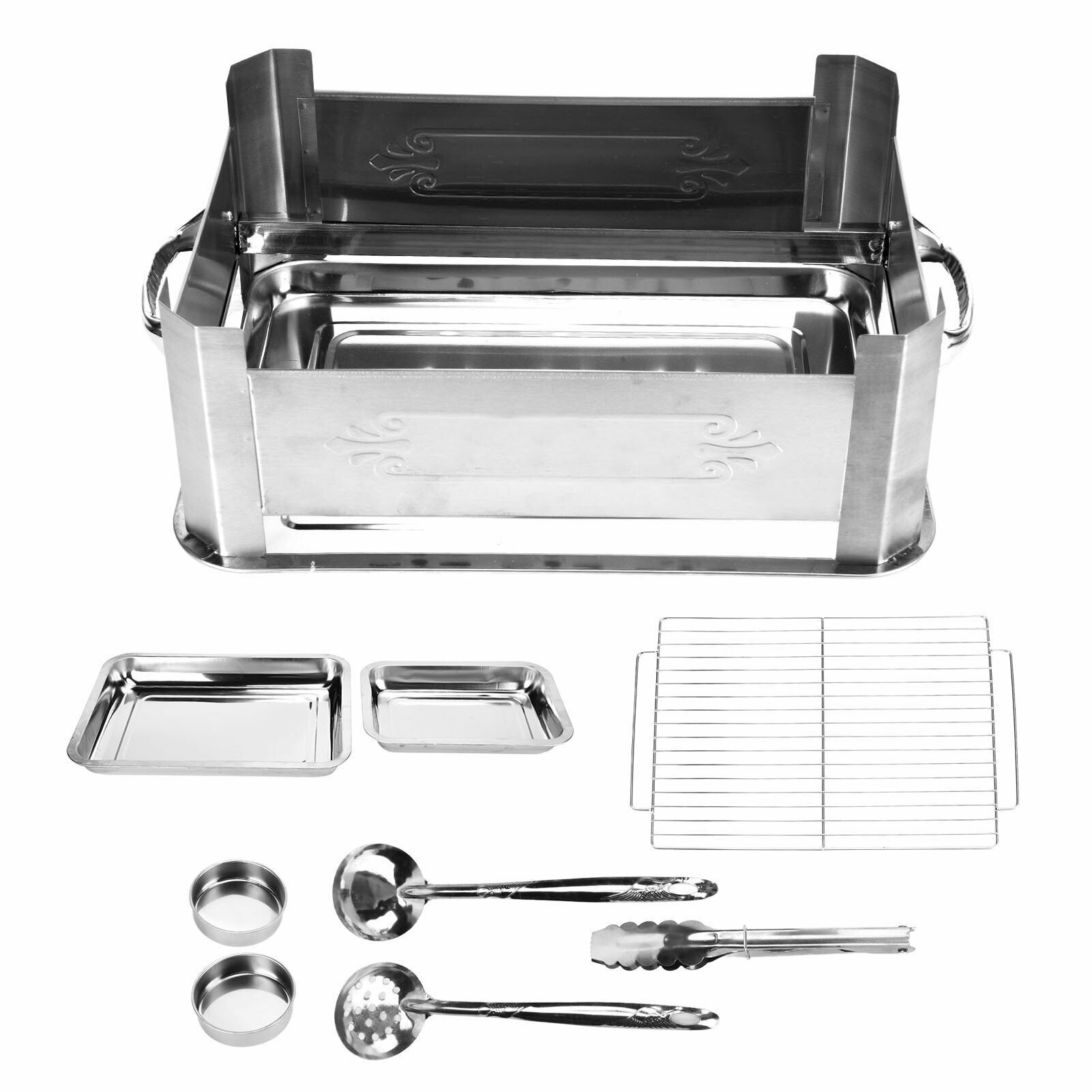 Прямоугольный гриль из нержавеющей стали, угольный гриль для барбекю, ветрозащитный гриль для рыбной печи с утолщенной пластиной для гриля и решеткой для рыбы, без ручки