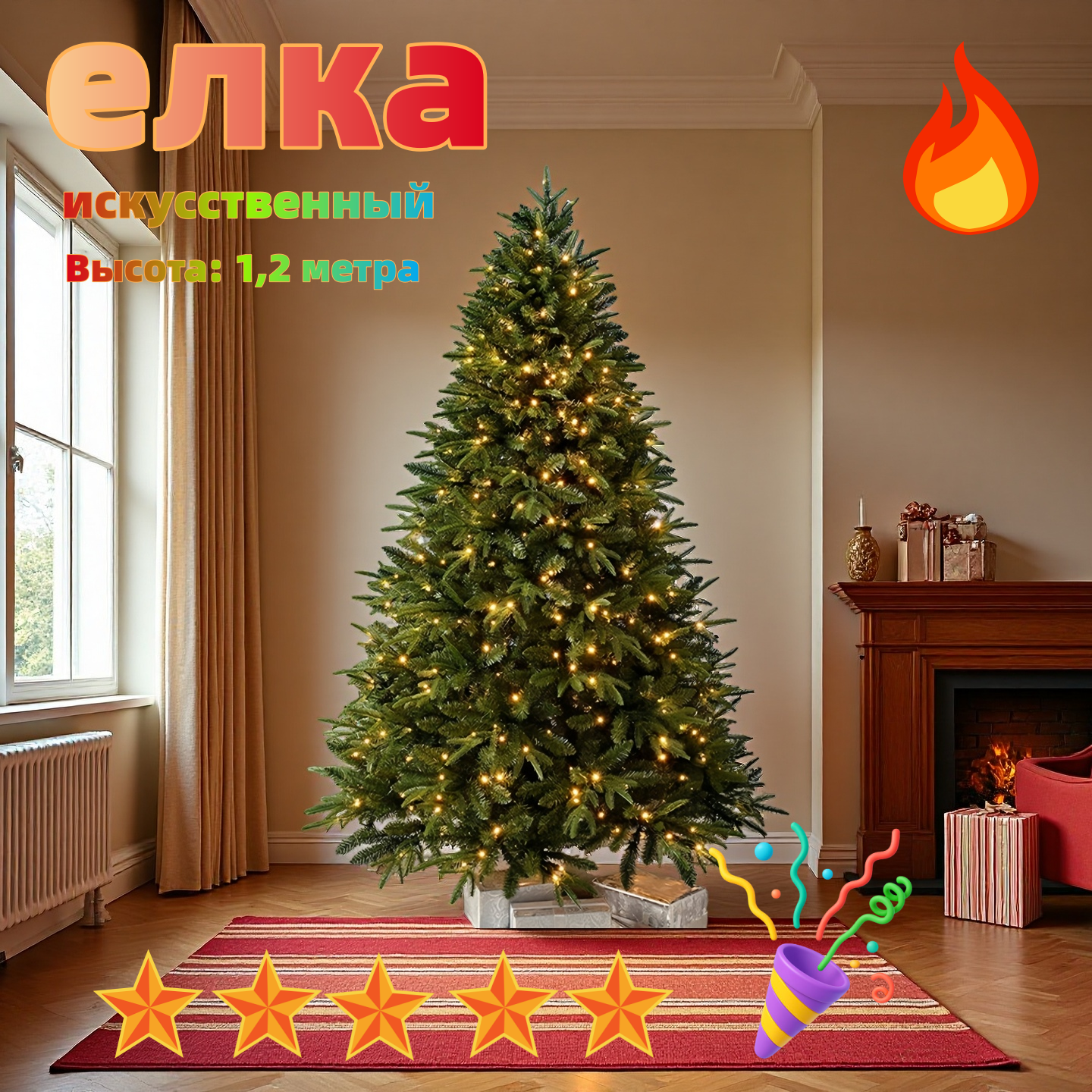 Елка искусственная новогодняя ель 120 см, ель напольная, пушистая, с подставкой, реалистичная