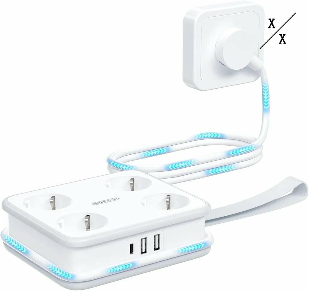 Сетевой фильтр NTONPOWER APP Удлинитель сетевой, 4 розетки 2 USB-A и 1 USB-C, 1.6 м удлинитель, Интеллектуальная идентификация быстрая зарядка, для путешествий домашних офисов