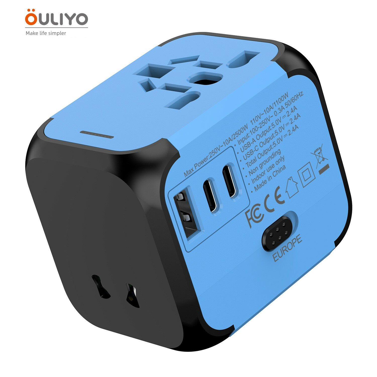 Универсальный адаптер для путешествий с 3 USB и 1 Type-C портами, глобальный переходник для Европы и Азии, синий с