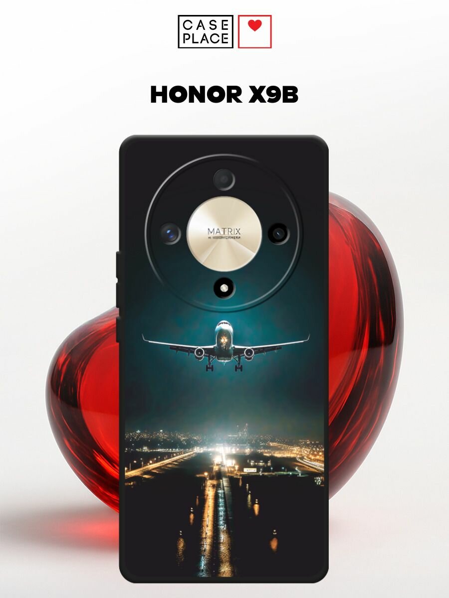Черный матовый чехол на Honor X9B / Хонор X9B с принтом Взлет самолета ночью