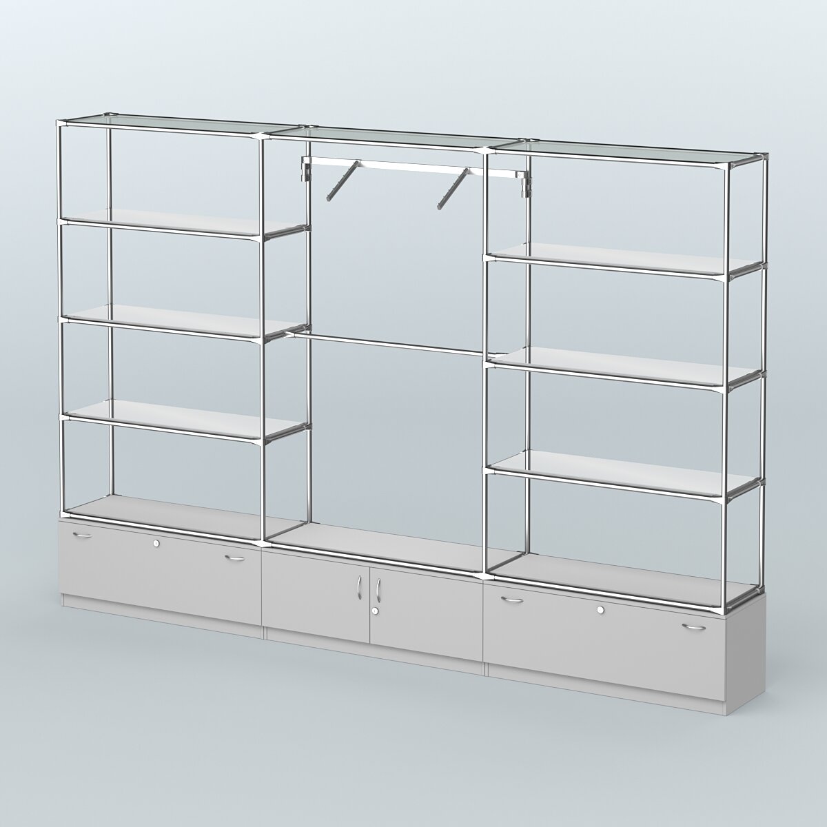 Торговая система хром без ДСП 3600 мм с тумбами Т11, Т21, зеркальными полками и поручнями №4, Серый