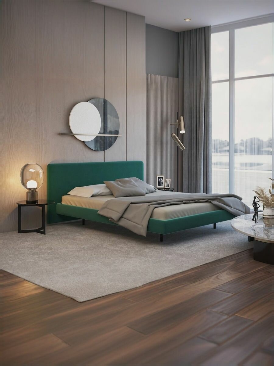 Двуспальная кровать "Палермо" 140х200см без подъемного механизма и ящика для белья из микровелюра Фиеста малахит