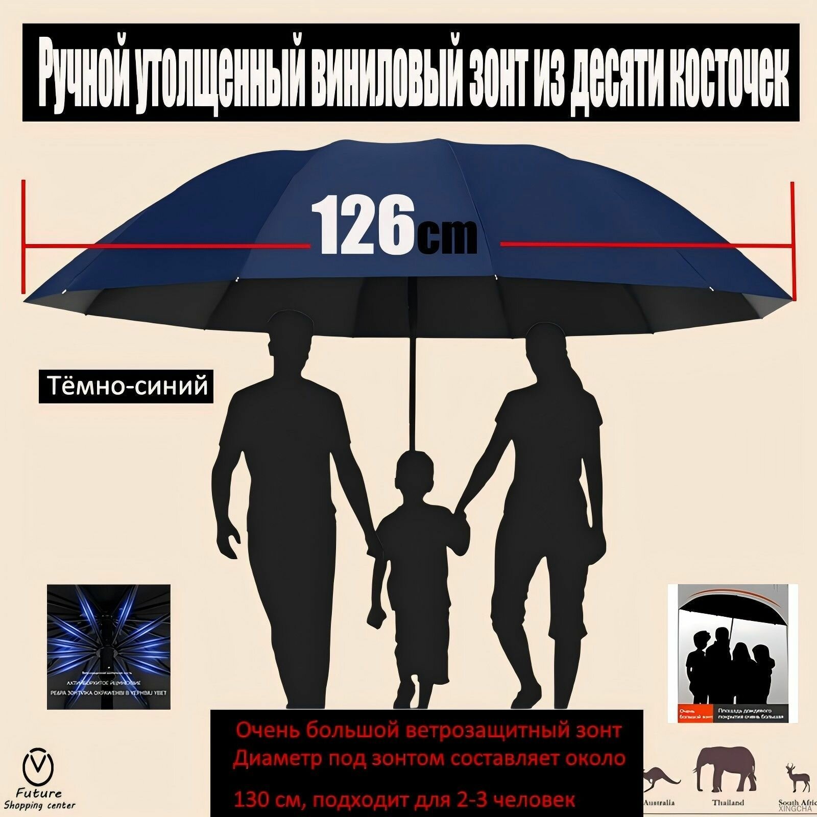 Зонт для двоих Федоскино синий — двухместный складной супербольшой зонт от дождя и солнца, удобный в поездках