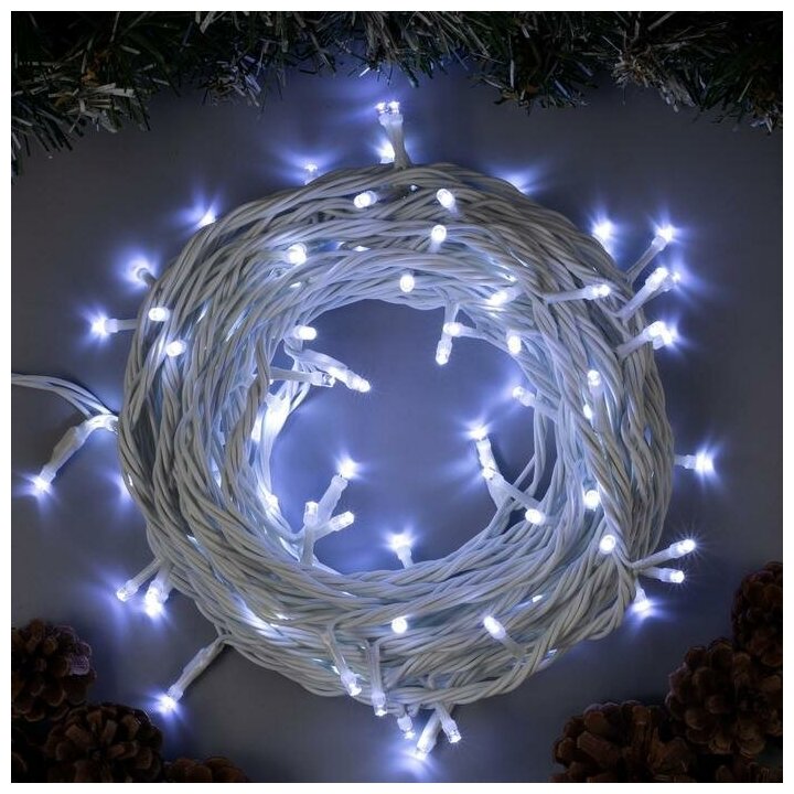 Гирлянда «Нить» 10 м, IP44, УМС, белая нить, 100 LED, свечение белое, 220 В