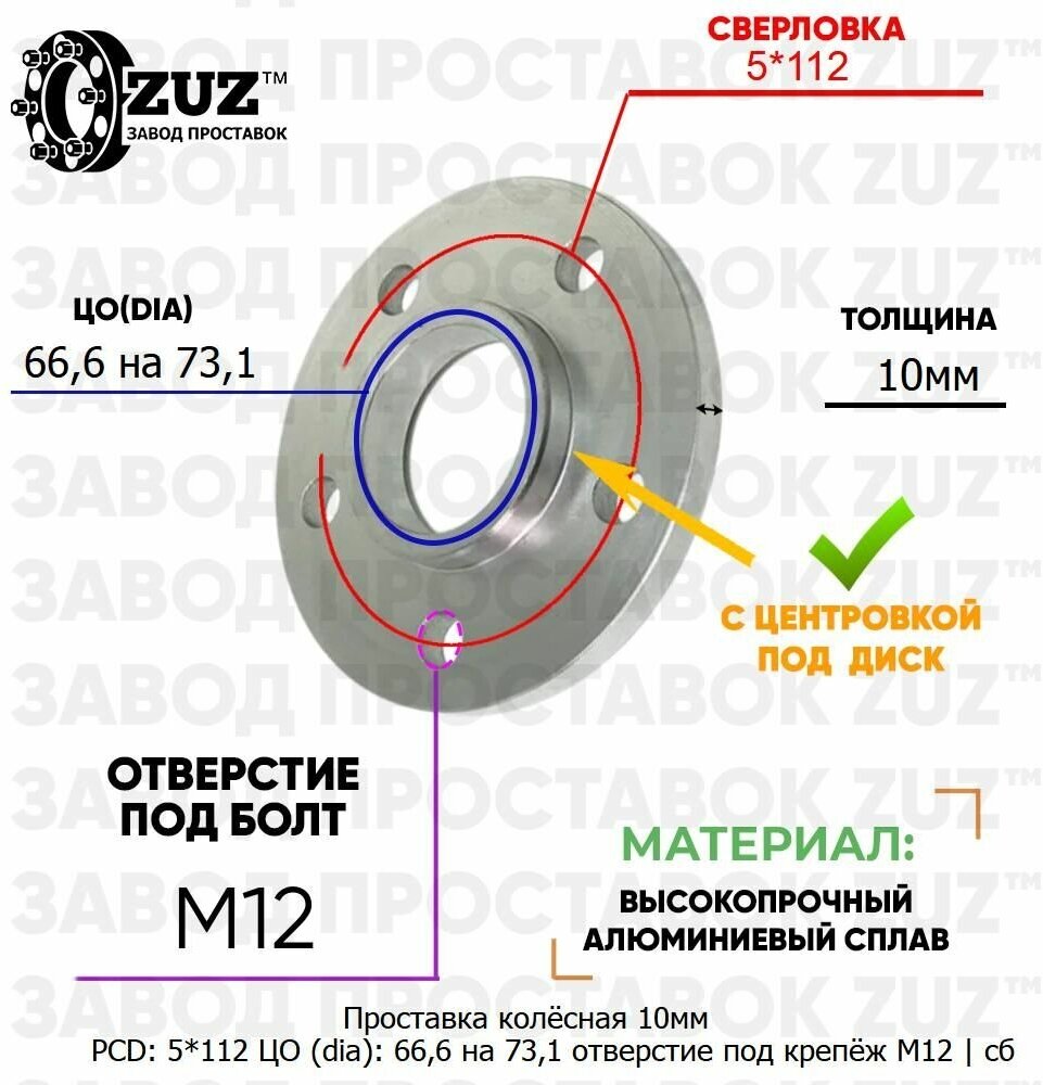 Проставка колёсная 1 шт 10мм 5*112 ЦО 66,6 на 73,1 отверстие под крепёж М12 ступичная с бортиком для дисков 1 шт на ступицу 5x112 5х112