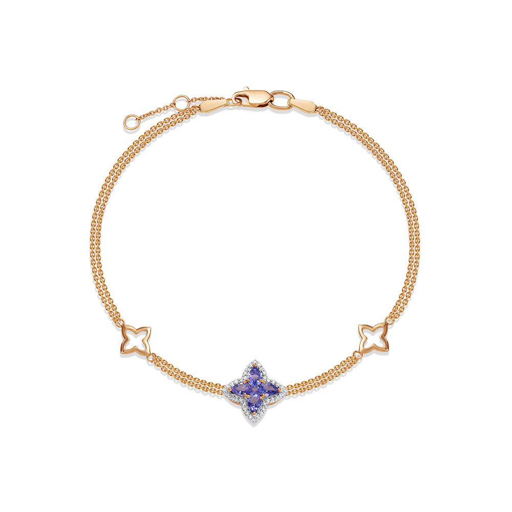 Браслет-цепочка, красное золото, 585 проба, родирование, танзанит