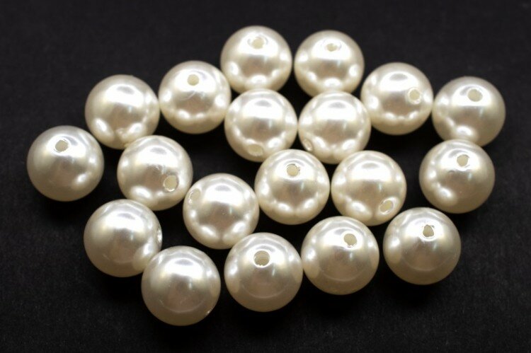Бусины акриловые круглые 14мм, цвет слоновая кость, отверстие 2мм, имитация жемчуга, 535-001, 10шт