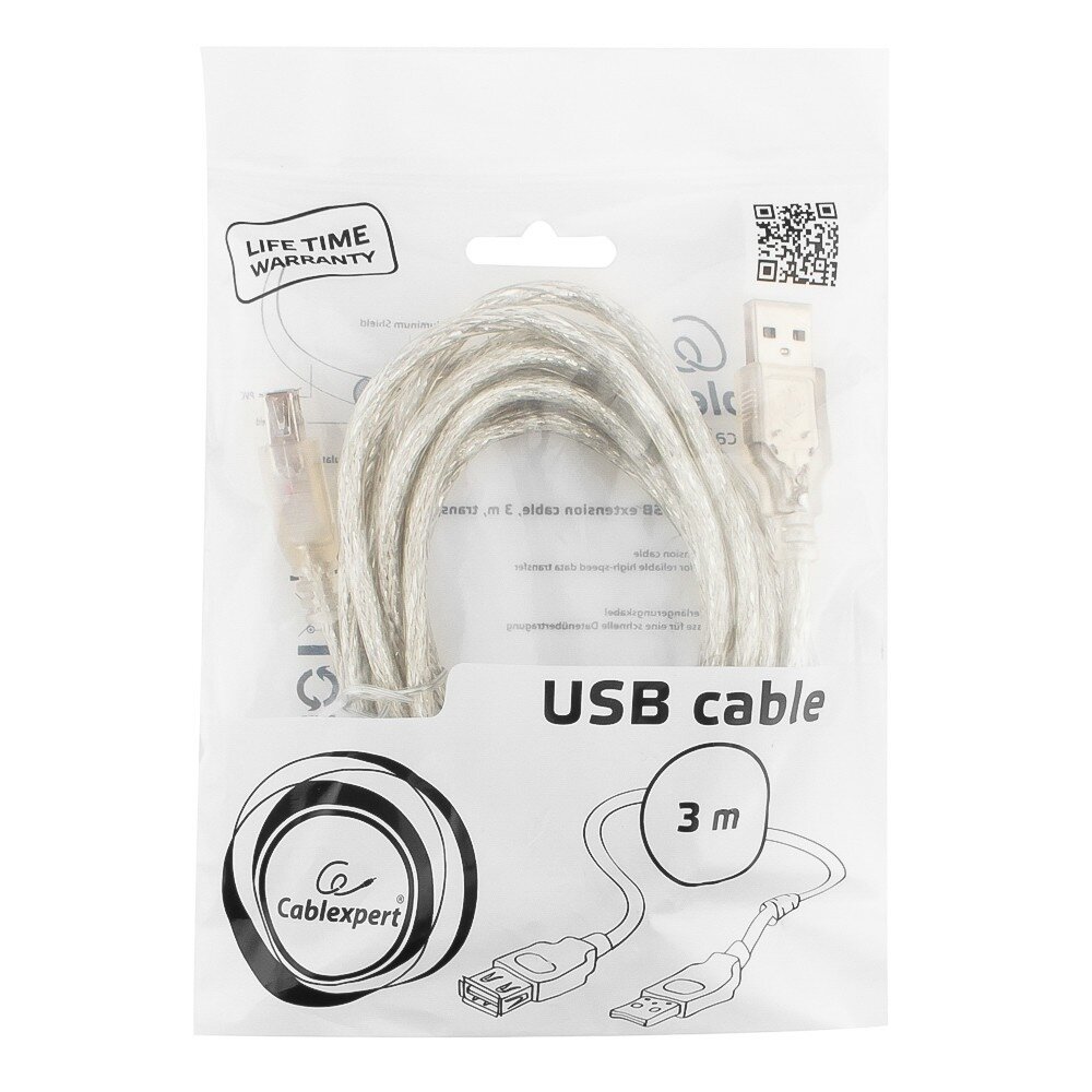 Кабель USB2.0 Pro Cablexpert, AM/AF, 3м, экранированый, феррит. кольцо, прозрачный