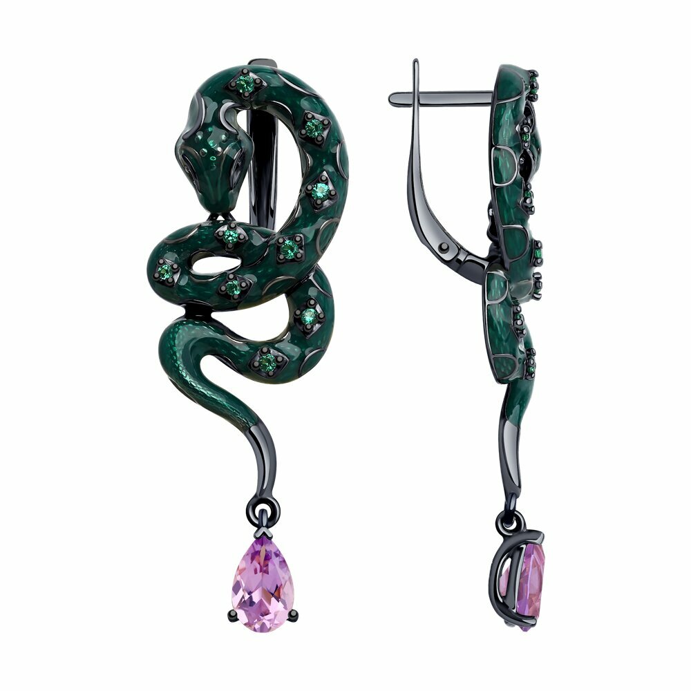 Серьги, серебро, 925 проба, аметист, эмаль, фианит