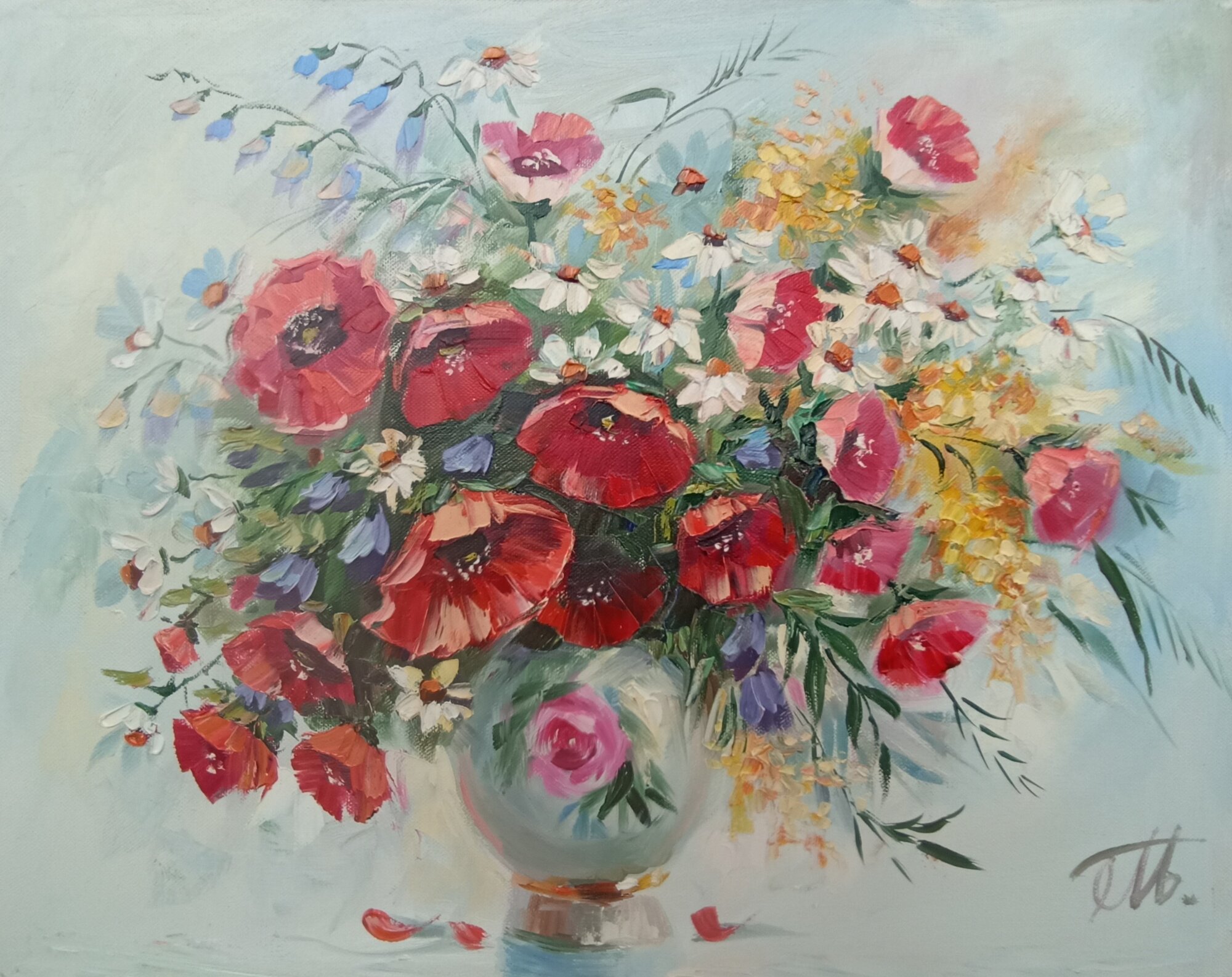 Картина масло/холст. 100% ручная работа, 100% живопись от Художественной мастерской Грёзы. Картина из серии "Полевые цветы". Букет полевых цветов с маками, ромашками и колокольчиками. Размер картины 40х50 см.