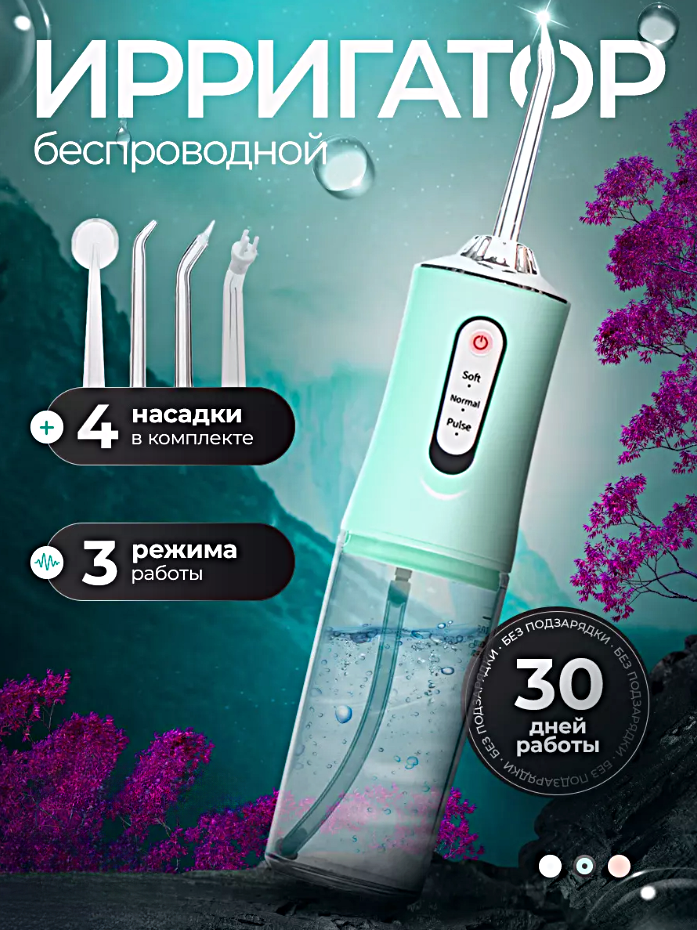 Ирригатор для полости рта и зубов, Портативный ирригатор для чистки зубов и языка, 4 сменные насадки, Зеленый