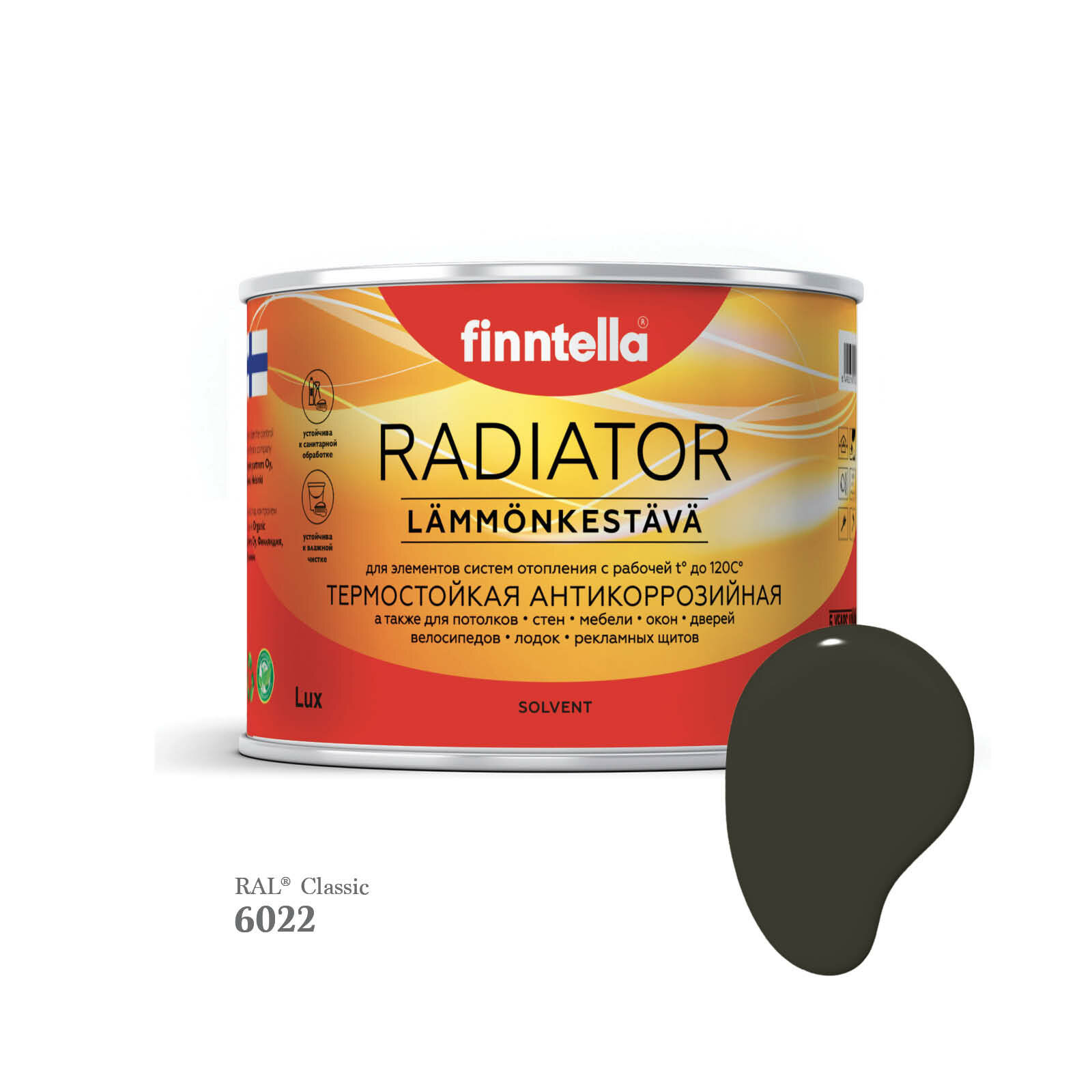 Краска для радиаторов быстросохнущая финская эмаль FINNTELLA RADIATOR, цвет RAL6022 , 0,45л