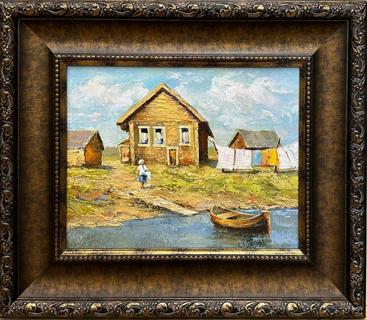 Картина маслом, летний пейзаж "Деревенский быт"