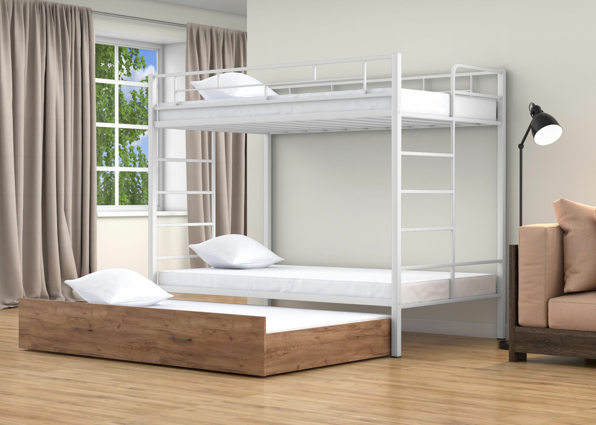 Двухъярусная кровать Валенсия 120 Твист выкатная Белый/Дуб крафт табак