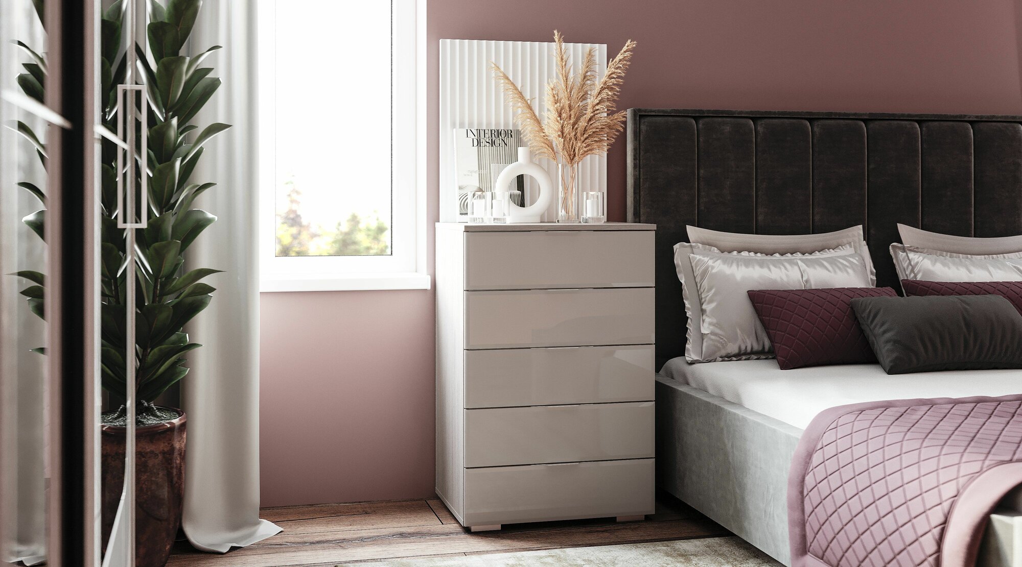 Комод Алекса, ЛДСП Ясень белый/Лакобель белого цвета, современный стиль, с ящиками