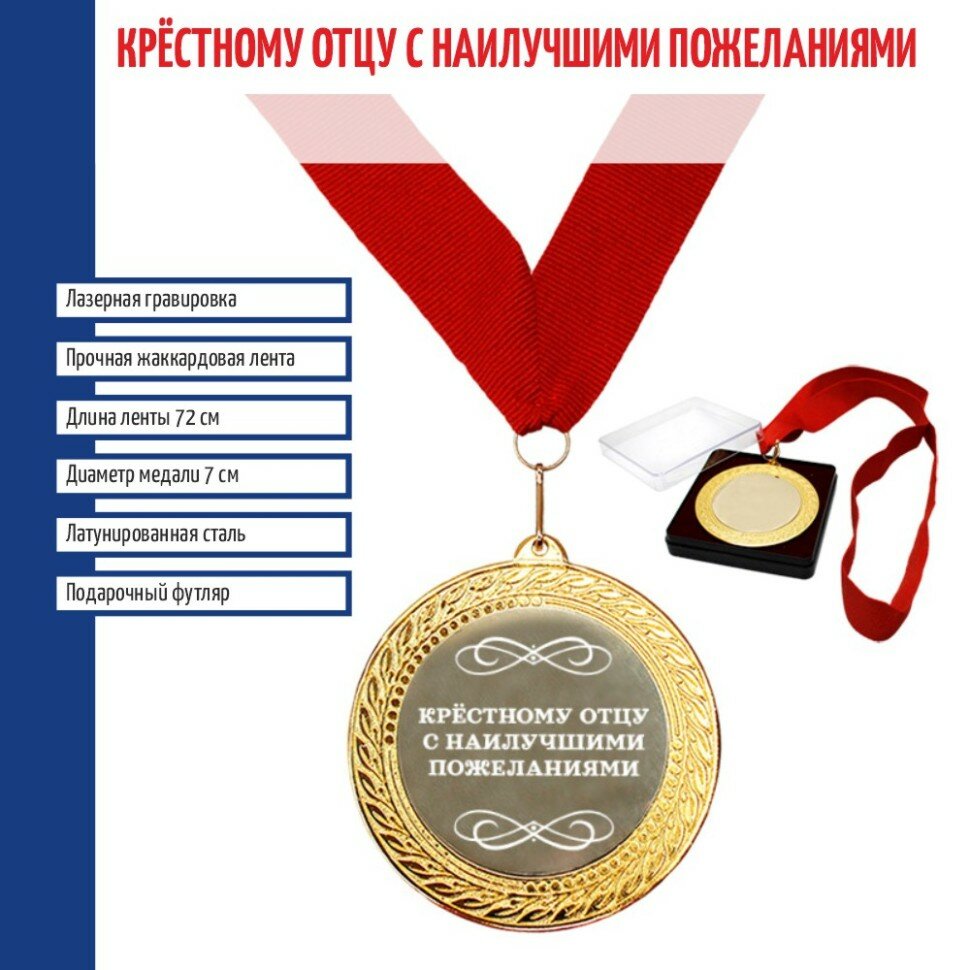 Сувенирная медаль "Крёстному отцу с наилучшими пожеланиями" на ленте (7 см)