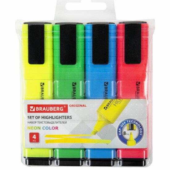Набор текстовыделителей Brauberg 4 цвета, "ORIGINAL NEON", линия письма 1-5 мм, 152215