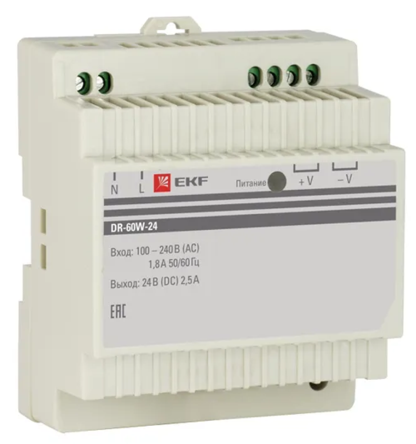 Блок питания EKF / ЕКФ PROxima DR-60W-24, в пластиковом корпусе, 60Вт, 240/24В, 2.5А IP20, dr-60w-24 / преобразователь напряжения