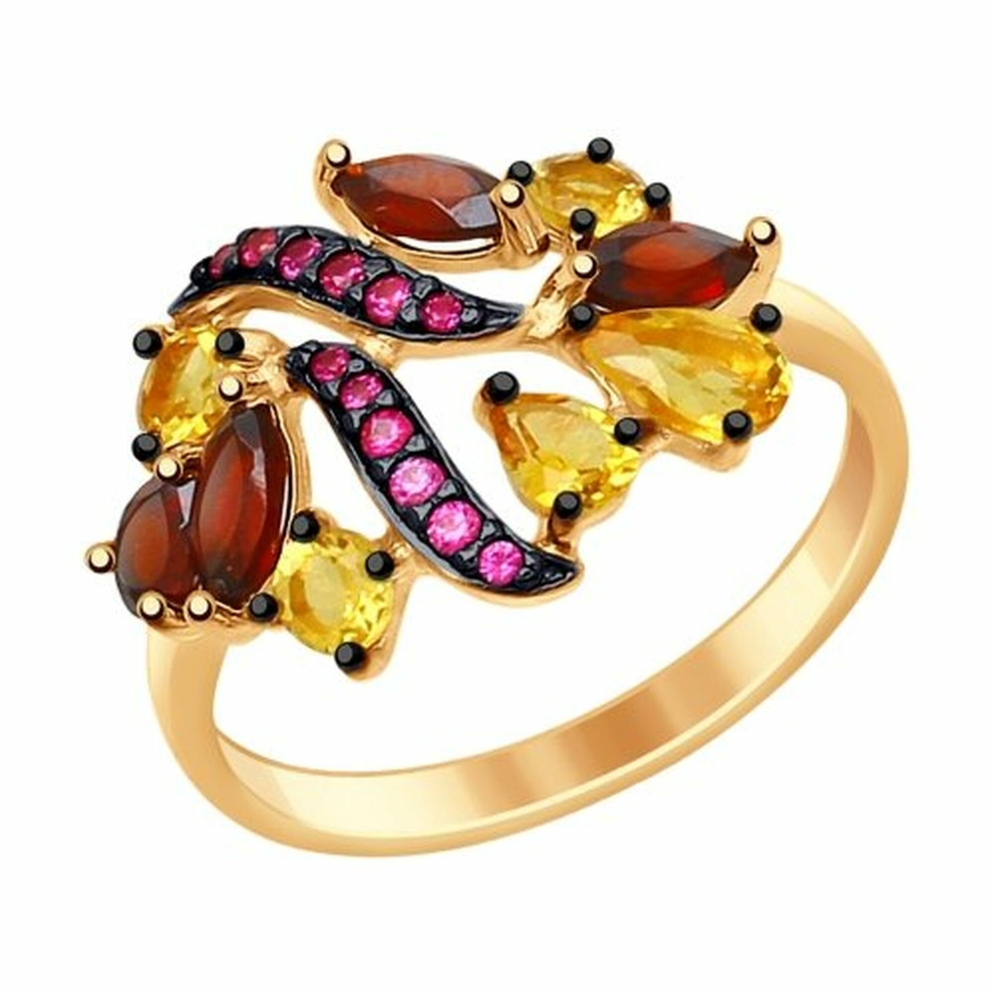 Кольцо, серебро, 925 проба, золочение, фианит, цитрин, гранат