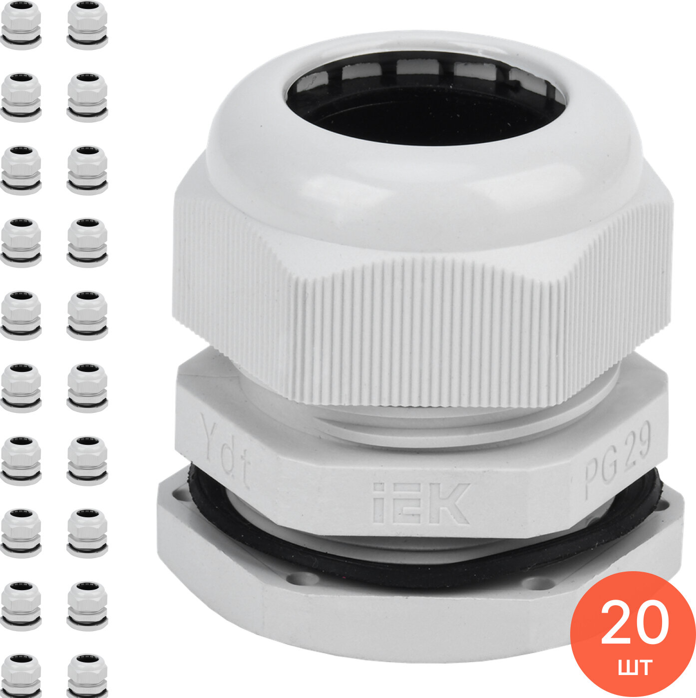 Сальник IEK / ИЭК для ввода кабеля в щитовое оборудование, пластиковый серый, степень защиты IP54, резьба PG 29 с шагом 1.59мм, диаметр 18-24мм / электрика (комплект из 20 шт)