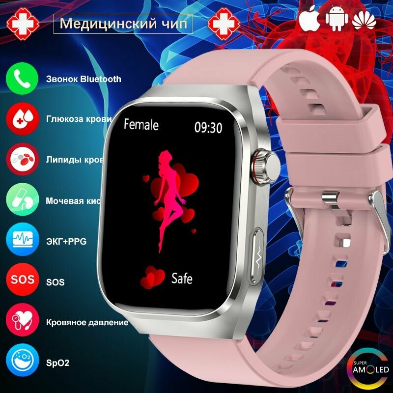 Умные часы, ECG PPG, Неинвазивная глюкоза, SpO2, Частота сердечных сокращений, 36mm, Черная кожа для мужчин женщин