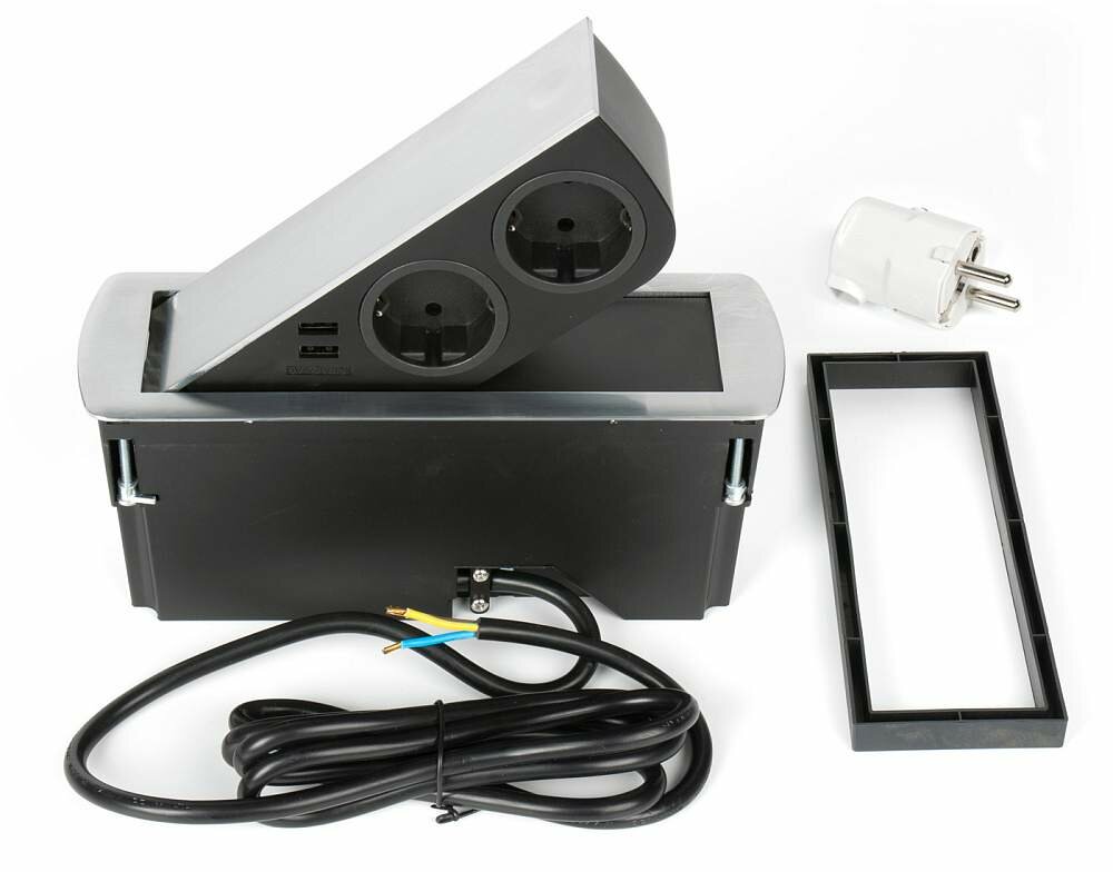 Блок розеток SFL CIZO (2*220 16 A + 2USB 2A), провод 2м. нерж. сталь