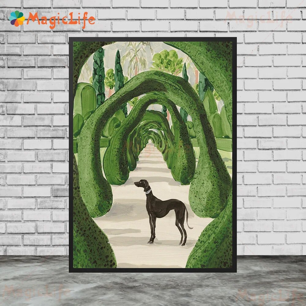Картина на холсте "Собака в туннеле из зелени", 40x50см, C
