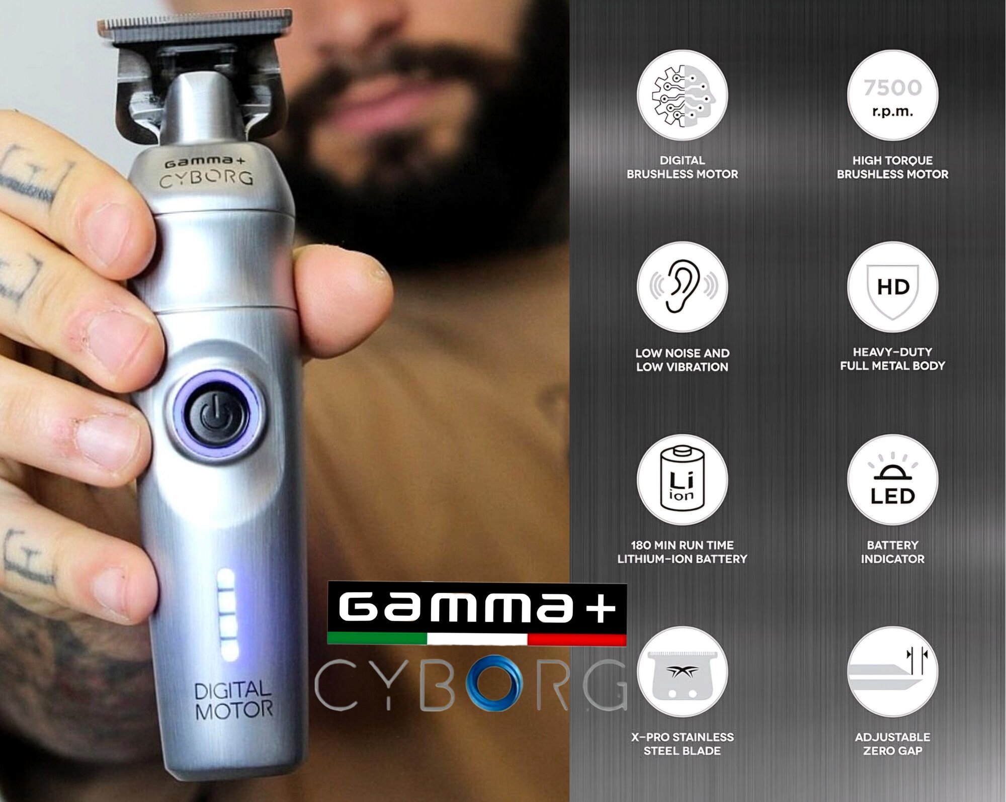 Мощный и тихий Профессиональный ТРИММЕР GAMMA+ CYBORG для окантовки и бороды с бесщёточным мотором. T-образный нож. 7500 об/мин. Американская ревизия, переходник на российскую вилку в комплекте.