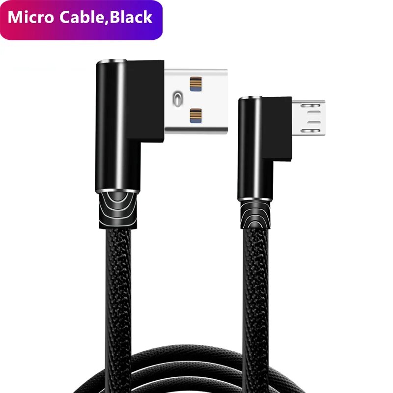 Адаптер USB-Micro USB с функцией быстрой зарядки, нейлоновый, штекер на 90°, длина-1, 2, 3 метра, в ассортименте. 2m Micro Cable, Black