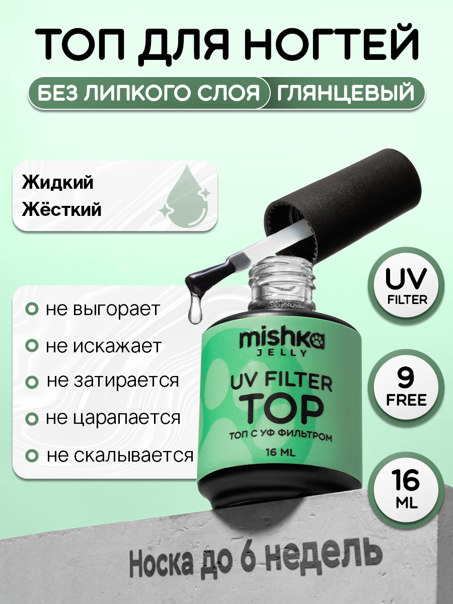 Топ для ногтей и маникюра глянцевый без липкого слоя с уф фильтром Mishka Jelly Top UV Filter