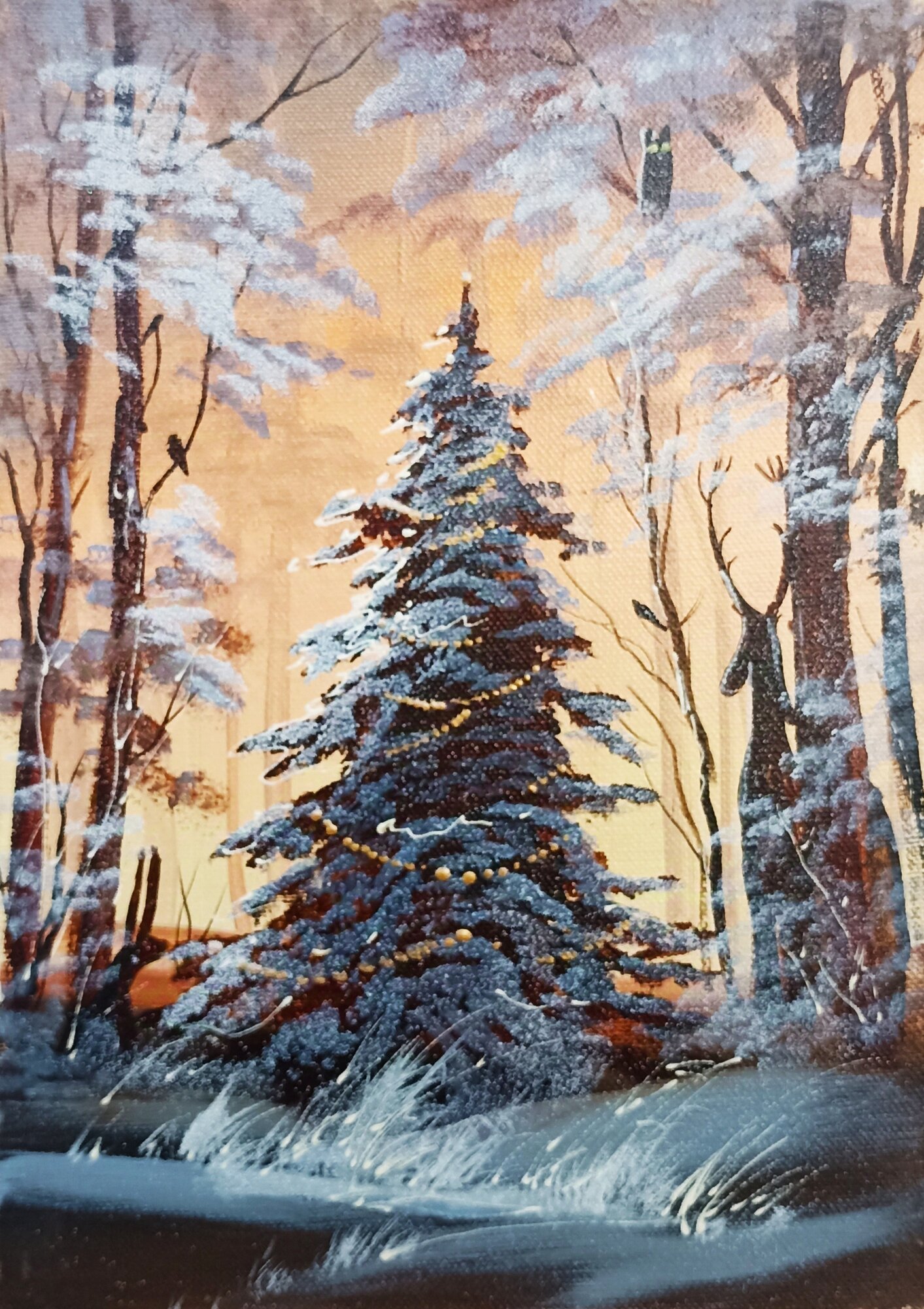 100% ручная работа. Картина маслом на холсте из серии "Необычные картины" от Художественной мастерской Грëзы. 100% живопись. Сказочный зимний пейзаж с ëлкой. 20х30 см