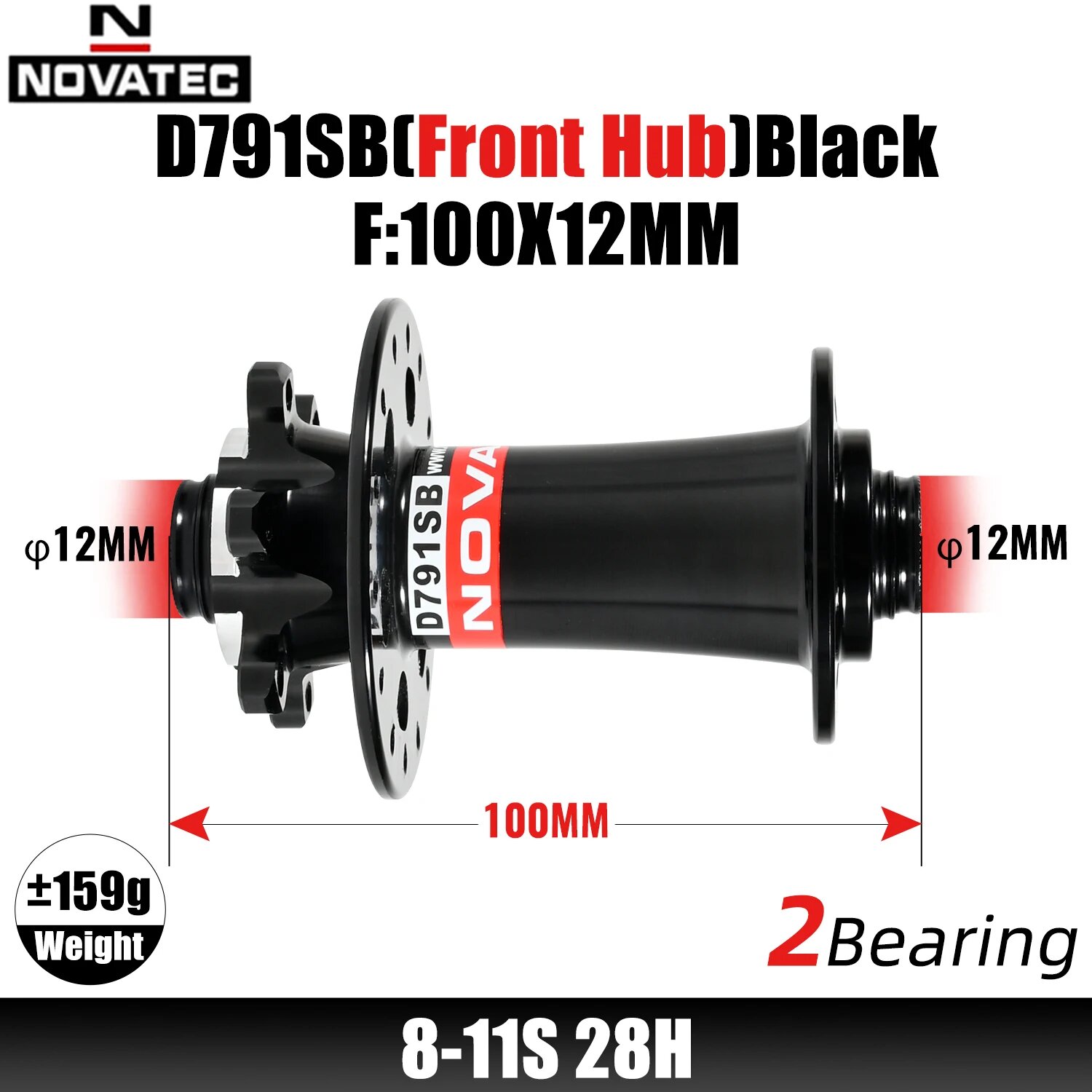 Novatec D791SB Front Hub, 100x12mm, 28H, Black