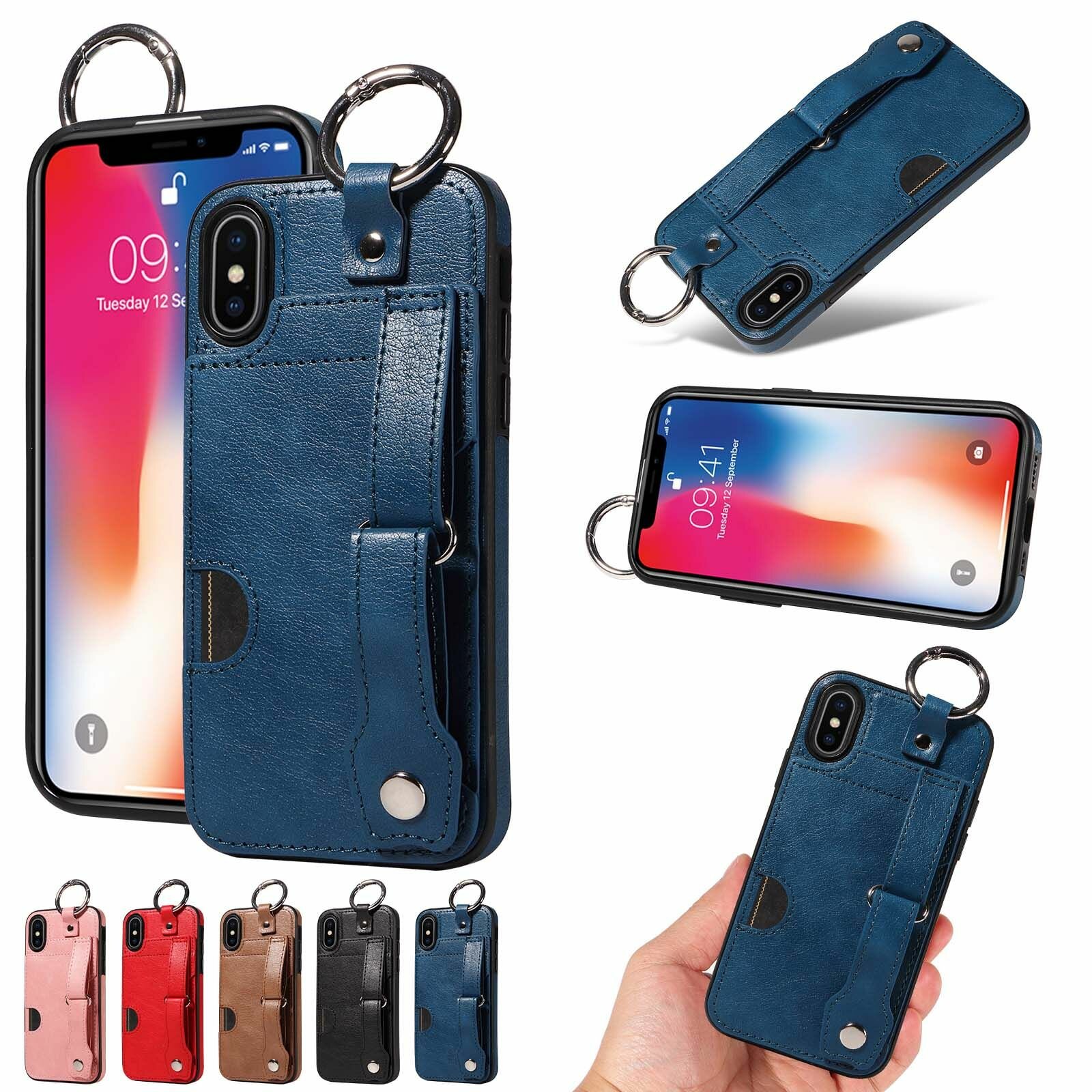 YIKATU Кожаный чехол для Apple iPhone X / iPhone XS (Айфон Х / Айфон ХС) с регулируемым ремешком на запястье/кольцевой пряжкой/ Держатель карты