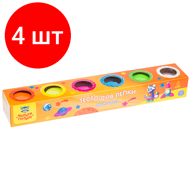Комплект 4 шт, Тесто для лепки Мульти-Пульти "Енот на Луне", 06 цветов*90г, неоновые цвета, картон