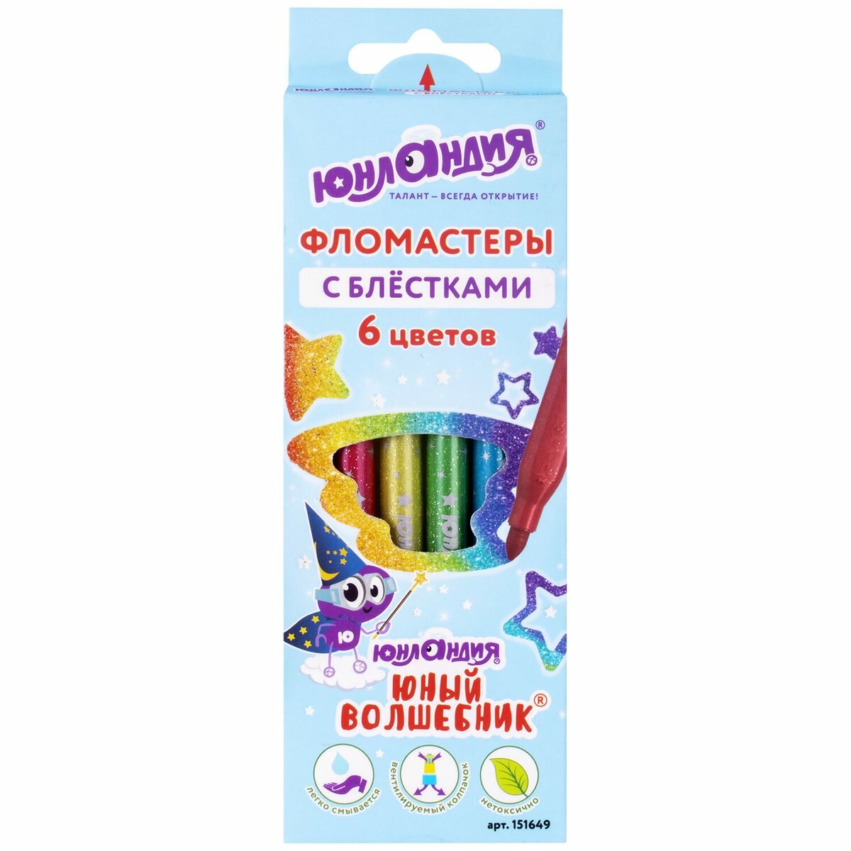 Набор фломастеров 6 цветов Юнландия "Юный волшебник" (линия 2мм, с блестками, ударопрочный наконечник) (151649)