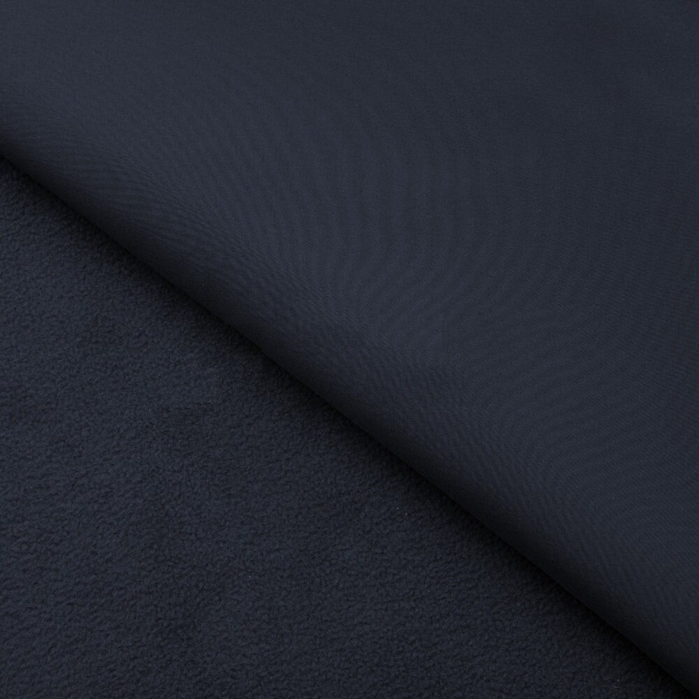 Ткань софтшелл, состав: 92% п/э, 8% спандекс+флис, плотность 100 гр/м2. Цвет темно-синий. Готовый отрез 3*1,45м.