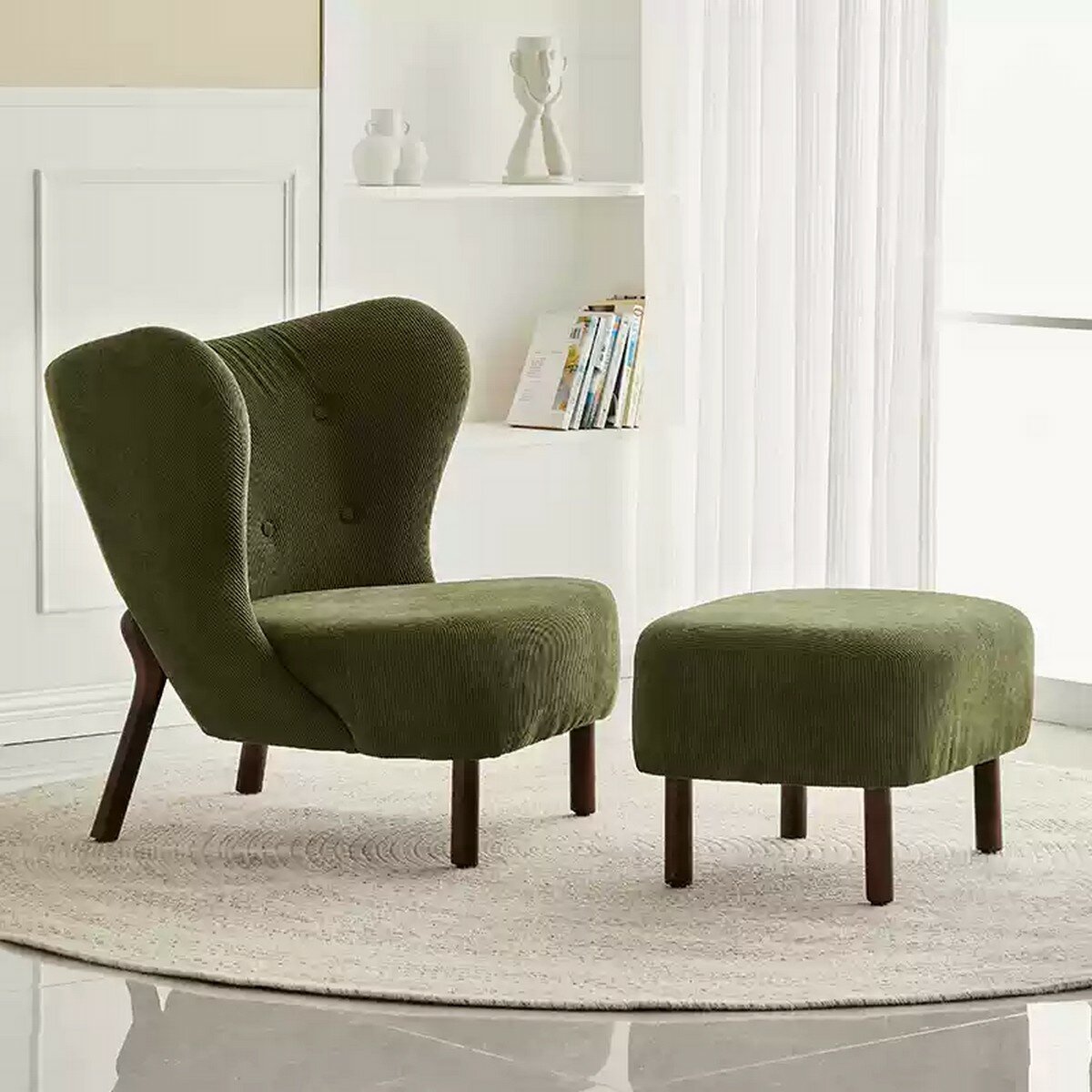 Кресло для отдыха в стиле Little Petra (зеленый с темными деревянными ножками с оттоманкой)