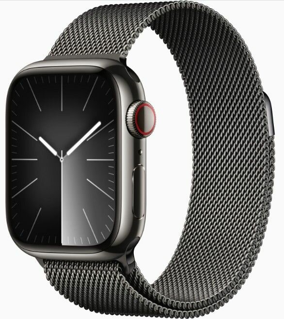 Apple Watch Series 9 Cellular, 41 мм графитовый корпус из нержавеющей стали, графитовый миланский сетчатый браслет MRJA3