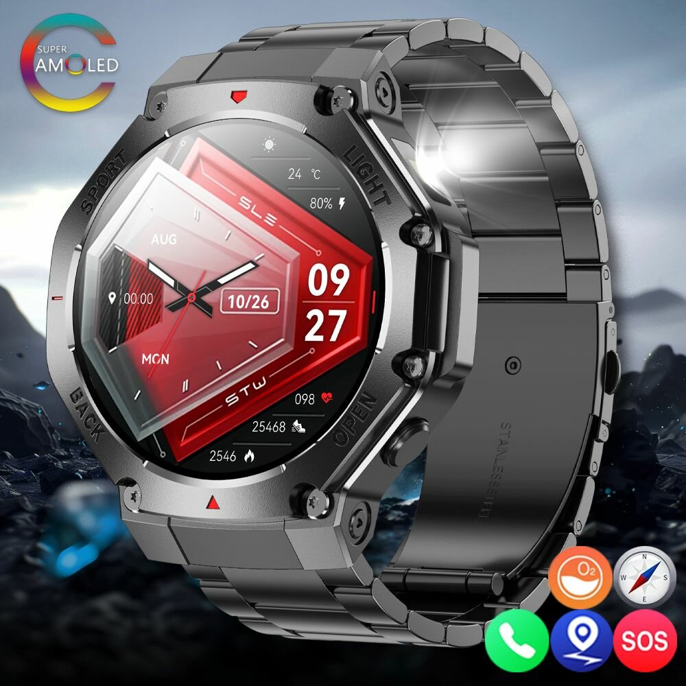 Умные часы с функцией по Bluetooth smartwatch 1,53 дюйма AMOLED, аккумулятор 410 мАч, светодиодный фонарик для Android iOS, фитнес трекер с частотой сердечных сокращений