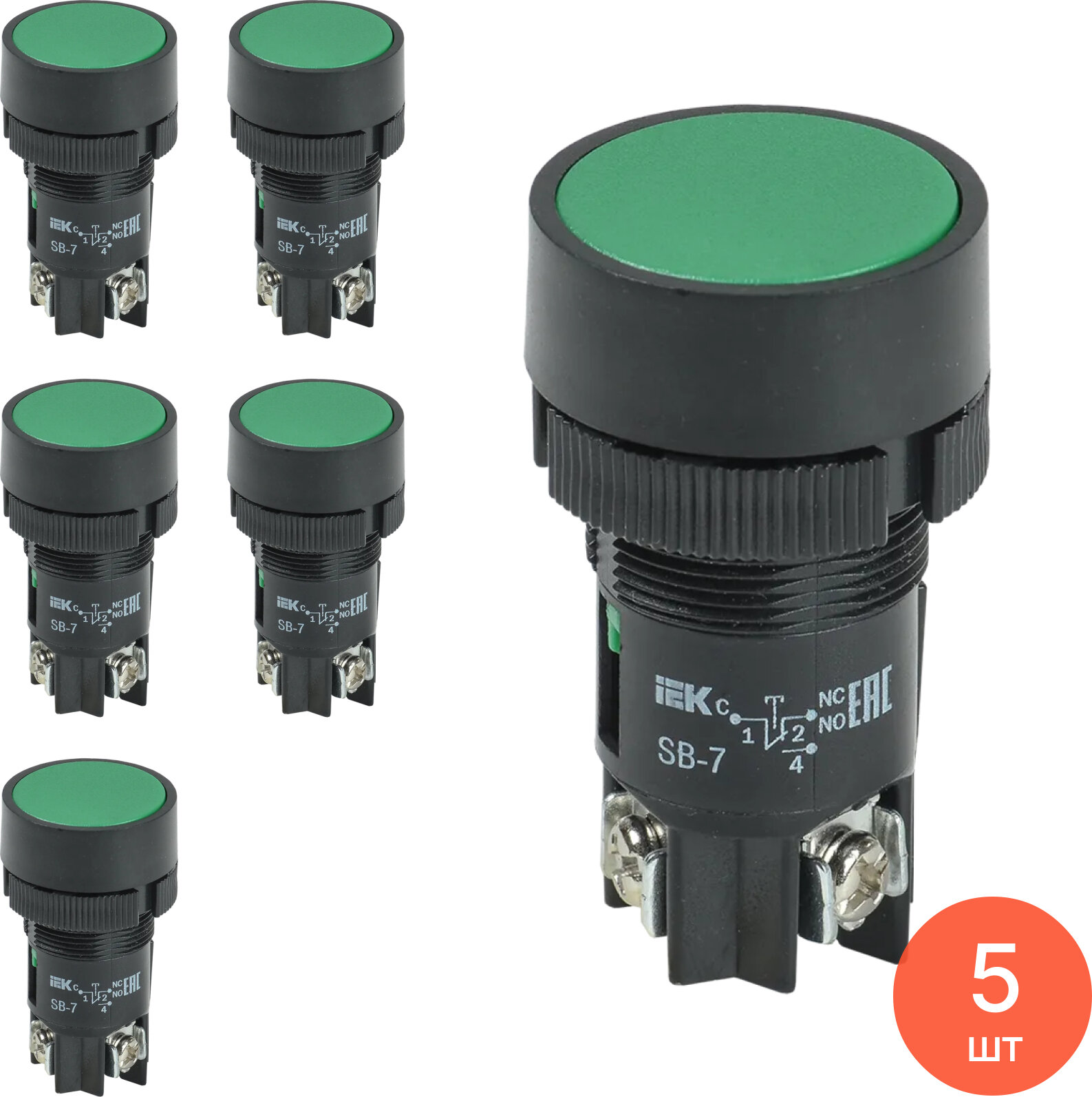 Кнопка управления IEK / ИЭК SВ-7 Пуск плоская, 1з+1р, зеленая, 10А 240В IP40, под отверстие диаметром 22мм, BBT40-SB7-K06 / кнопочный пост (комплект из 5 шт)